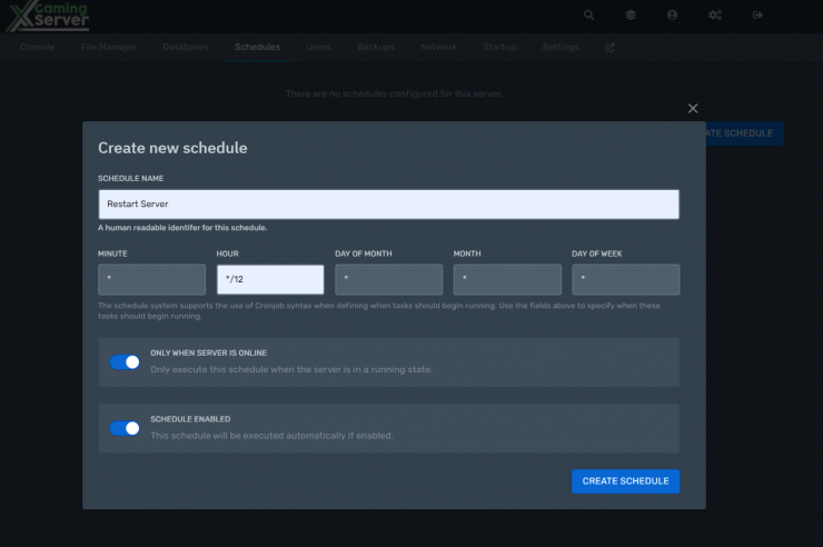 Adding Schedules to the Xgamingserver Panel - Xgamingserver